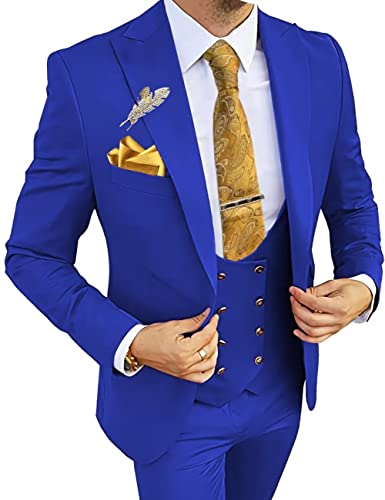 Wangyue Royal Blue Suits for Men Prom Mens 3 Piece Suit Slim Fit Business Formal Suits for Men Double Breasted Suits 40 M