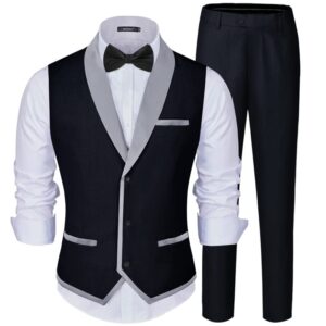 mage male men's 2 piece suit slim fit formal business vest suit for men fashion casual wedding waistcoat pants set black