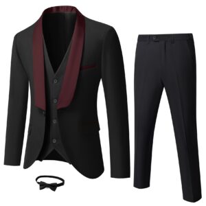 YND Men's 3 Piece Slim Fit Tuxedo Suit Set, One Button Shawl Lapel Solid Blazer, Jacket Vest Pants with Bow Tie, Maroon Collar Black