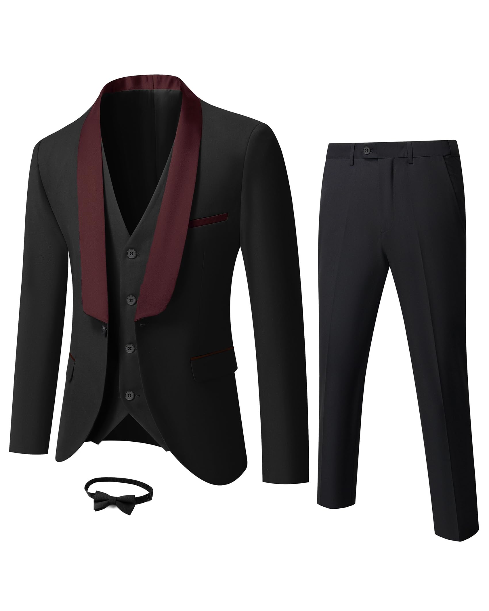 YND Men's 3 Piece Slim Fit Tuxedo Suit Set, One Button Shawl Lapel Solid Blazer, Jacket Vest Pants with Bow Tie, Maroon Collar Black