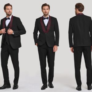 YND Men's 3 Piece Slim Fit Tuxedo Suit Set, One Button Shawl Lapel Solid Blazer, Jacket Vest Pants with Bow Tie, Maroon Collar Black