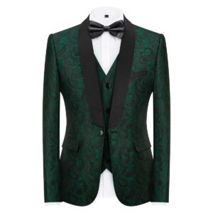 Mens Suits 3 Piece Slim Fit Tuxedo for Men Paisley Suit Prom Tux Shawl Lapel One Button Blazer Vest Pants Set Green