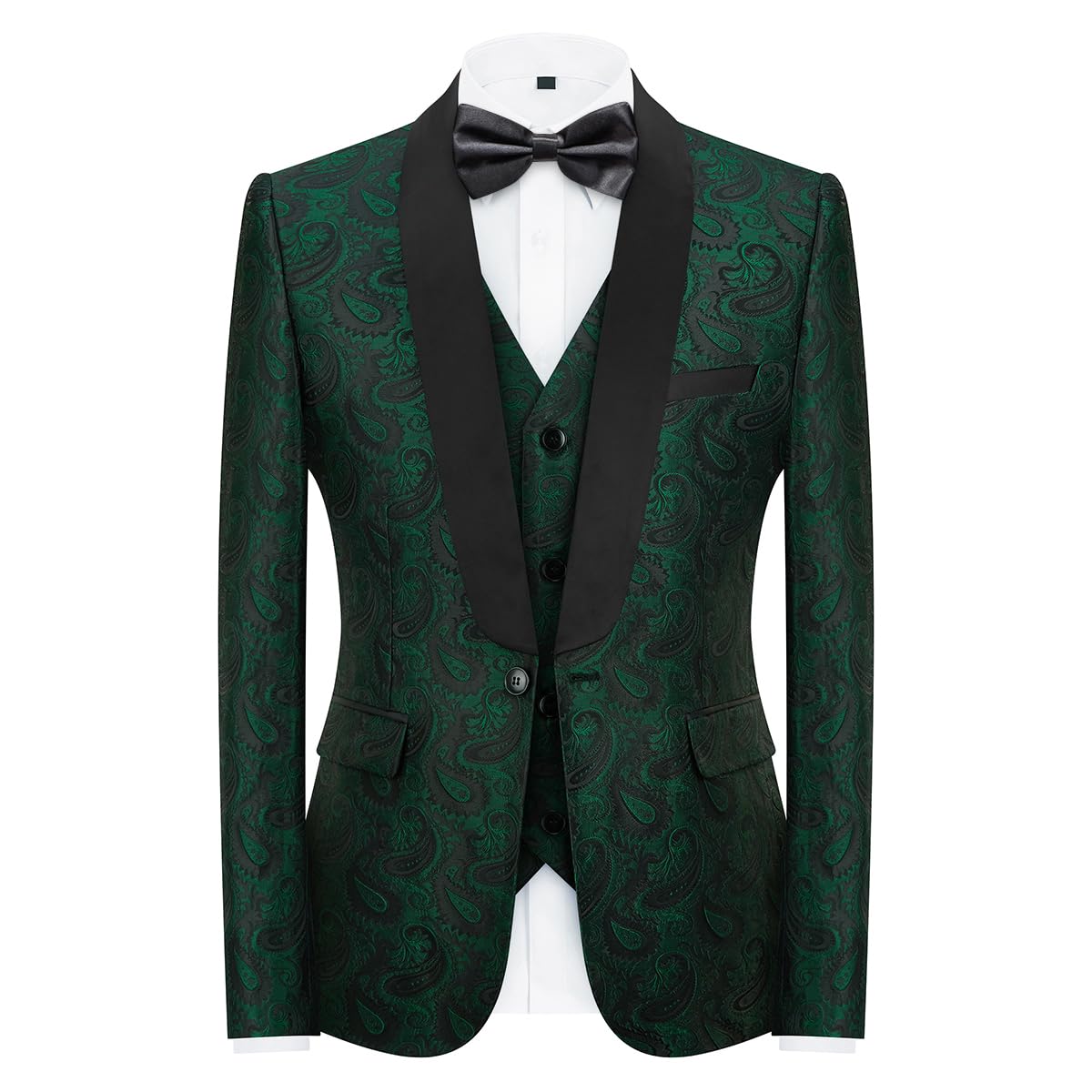 Mens Suits 3 Piece Slim Fit Tuxedo for Men Paisley Suit Prom Tux Shawl Lapel One Button Blazer Vest Pants Set Green