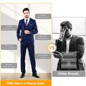 YND Men's Slim Fit 2 Piece Suit, 2 Button Notch Lapel Solid Jacket Pants Set with Tie, Party Wedding Dress Blazer Tux Deep Blue