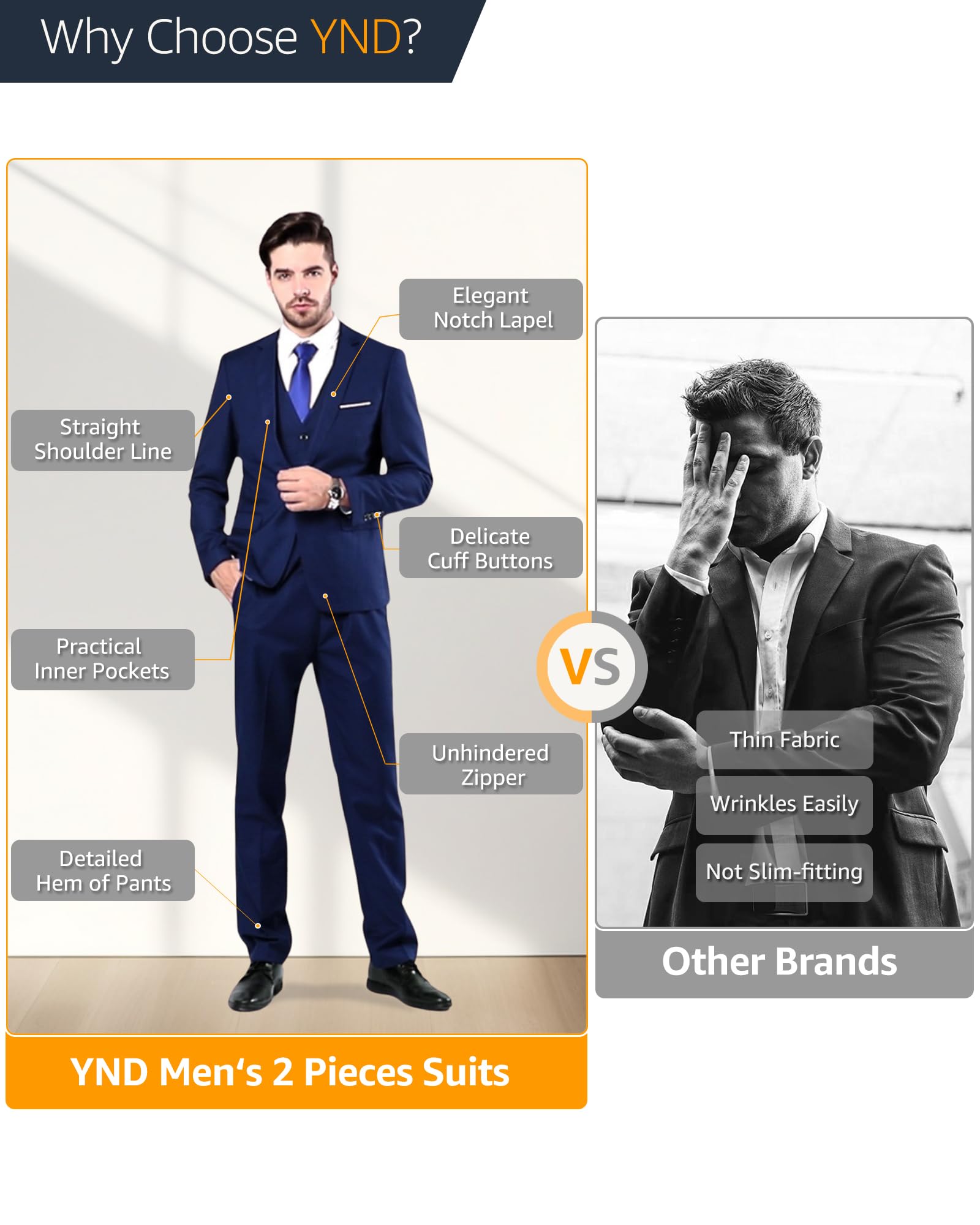 YND Men's Slim Fit 2 Piece Suit, 2 Button Notch Lapel Solid Jacket Pants Set with Tie, Party Wedding Dress Blazer Tux Deep Blue