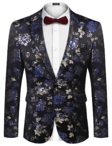 coofandy mens floral tuxedo jackets one button stylish dinner wedding party dress suit blazers jacket blue