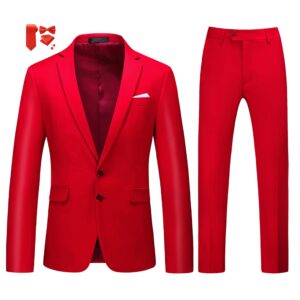 MOGU Mens Slim Fit Suit 2 Piece Tuxedo for Daily Business Wedding Party (Suit Jacket + Pants) US Size Blazer 40/Pants 36 Red