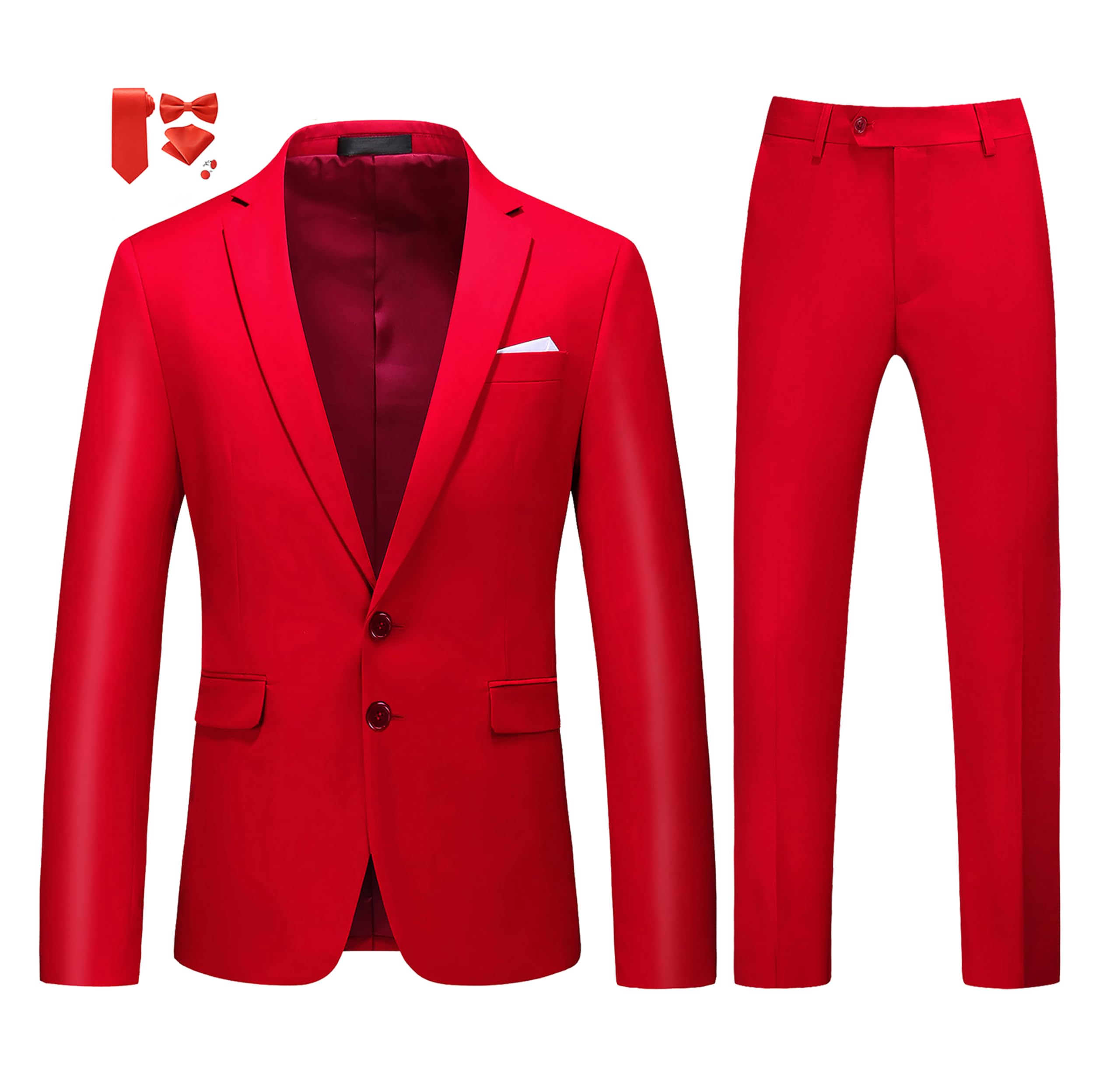 MOGU Mens Slim Fit Suit 2 Piece Tuxedo for Daily Business Wedding Party (Suit Jacket + Pants) US Size Blazer 40/Pants 36 Red