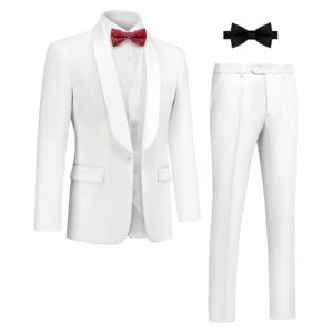 mgnaie men white tuxedo suit set 3 pieces solid premium shawl lapel tux jacket vest trousers dinner wedding 2024