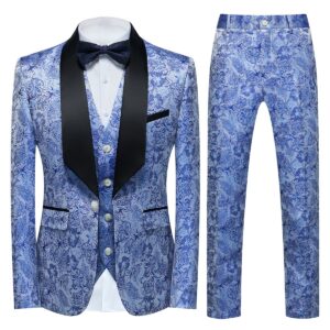 tuxedo suits for men 3 piece regular fit suit floral pattern blazer jacket waistcoat pants men suit set for wedding sky blue