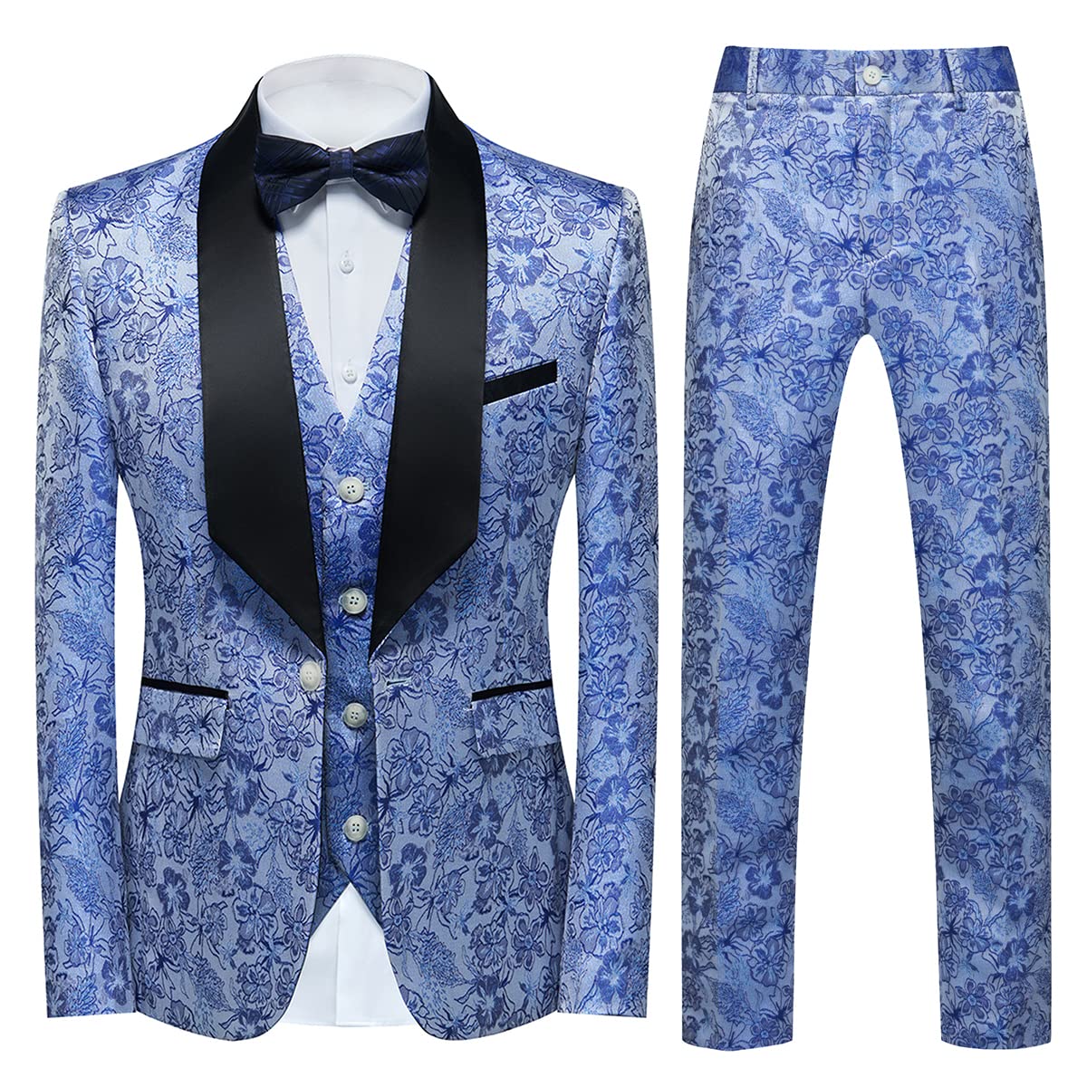 Tuxedo Suits for Men 3 Piece Regular Fit Suit Floral Pattern Blazer Jacket Waistcoat Pants Men Suit Set for Wedding Sky Blue