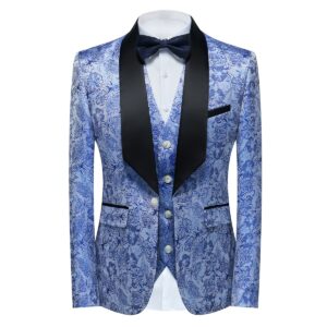 Tuxedo Suits for Men 3 Piece Regular Fit Suit Floral Pattern Blazer Jacket Waistcoat Pants Men Suit Set for Wedding Sky Blue