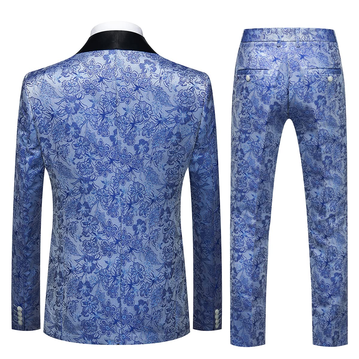 Tuxedo Suits for Men 3 Piece Regular Fit Suit Floral Pattern Blazer Jacket Waistcoat Pants Men Suit Set for Wedding Sky Blue