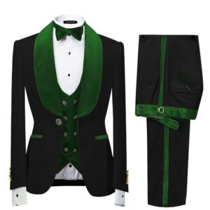 Wangyue Men's 3 Piece Suit Slim Fit Jacquard Tuxedo One Button Shawl Collar Velvet Suits Double Breasted Suits White-Dark Green Size 34