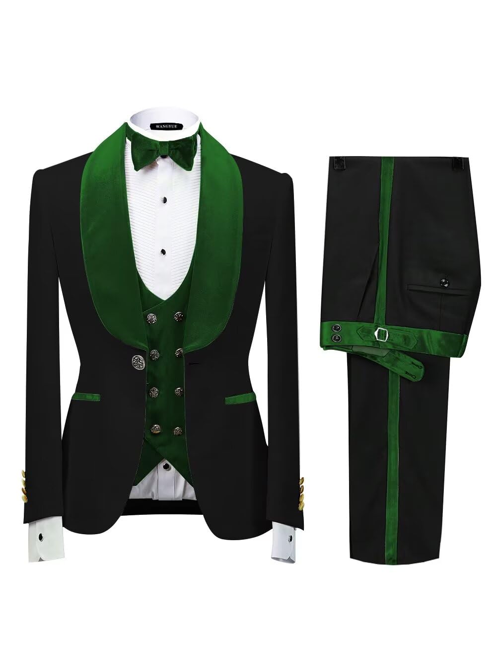 Wangyue Men's 3 Piece Suit Slim Fit Jacquard Tuxedo One Button Shawl Collar Velvet Suits Double Breasted Suits White-Dark Green Size 34