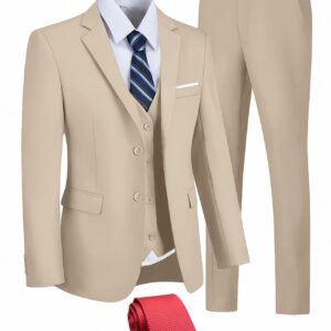 Suits for Men 3-Piece Slim Fit Business Suit Prom Tuxedo, Two Button Wedding Blazer Vest Pants Set Champagne-XL