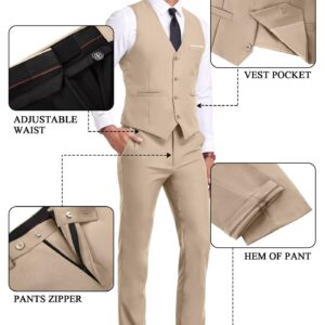 Suits for Men 3-Piece Slim Fit Business Suit Prom Tuxedo, Two Button Wedding Blazer Vest Pants Set Champagne-XL