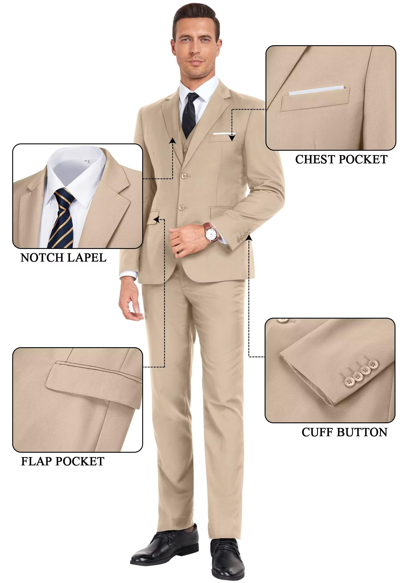 Suits for Men 3-Piece Slim Fit Business Suit Prom Tuxedo, Two Button Wedding Blazer Vest Pants Set Champagne-XL