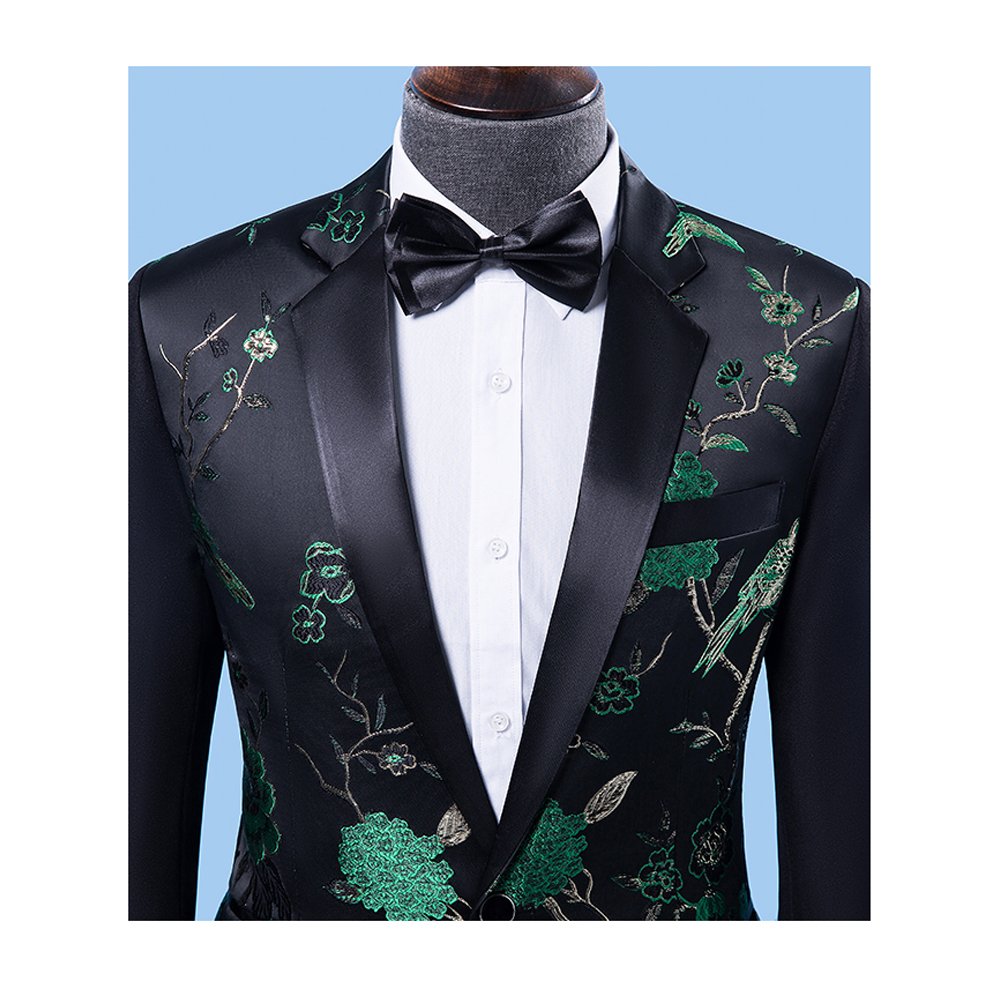 Mens 2-Piece Suits One Button Floral Blazer Dinner Jacket and Pants (Green, Medium)