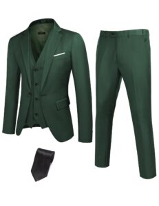 coofandy mens 3 piece suits one button blazer jacket slim fit vest suit pant with tie deep green