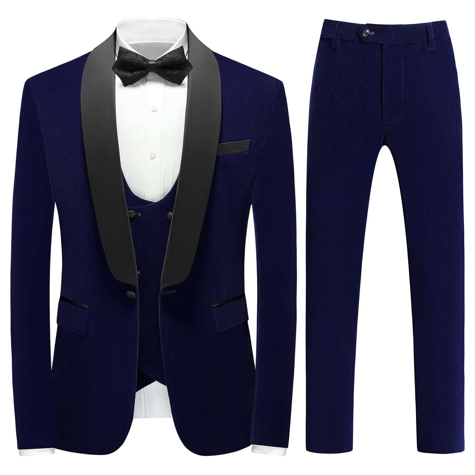 Mens Velvet 3 Piece Tuxedo Suits Slim Fit Shawl Collar One Button Dinner Prom Jacket Vest Pants Suit Set Navy Blue