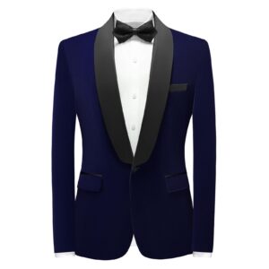 Mens Velvet 3 Piece Tuxedo Suits Slim Fit Shawl Collar One Button Dinner Prom Jacket Vest Pants Suit Set Navy Blue