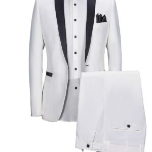 Mens White with Black Shawl Lapel Slim Fit Dress Suit Set Single Breasted Blazer Jacket Pants Tux,36chest/30waist