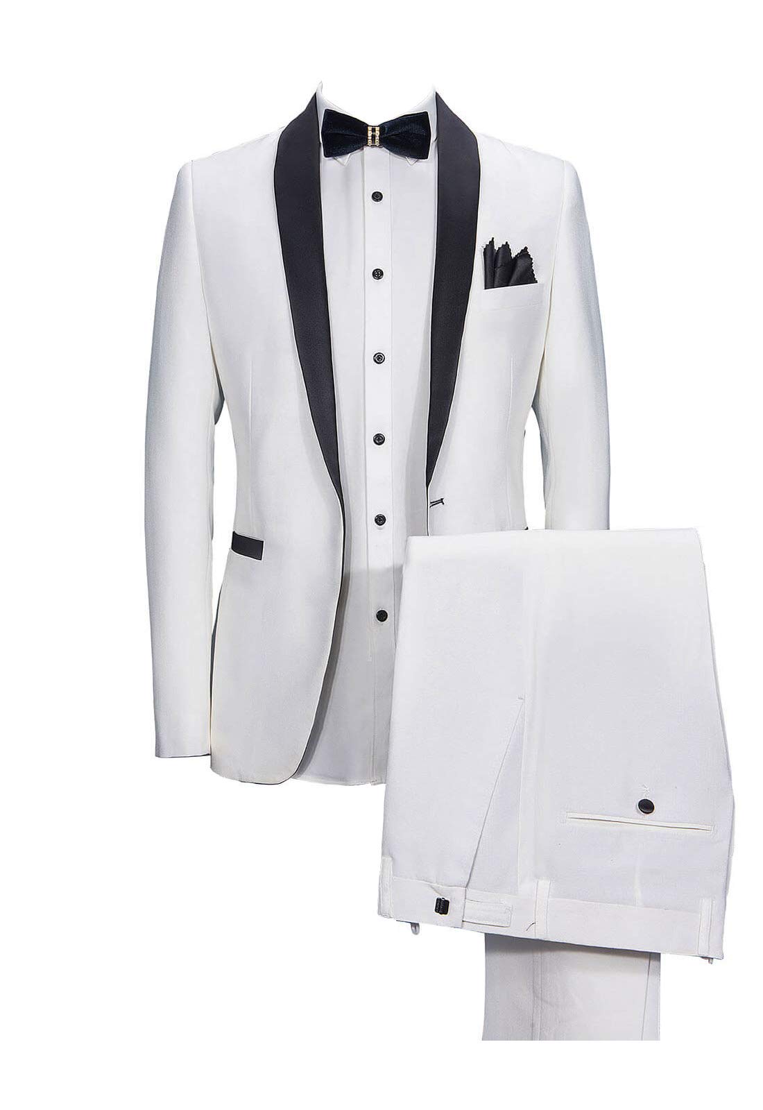 Mens White with Black Shawl Lapel Slim Fit Dress Suit Set Single Breasted Blazer Jacket Pants Tux,36chest/30waist