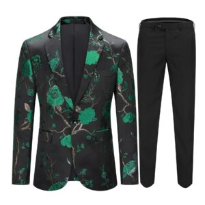 cloudstyle mens 2 piece floral dress suit one button dinner tuxedo jacket & pants green