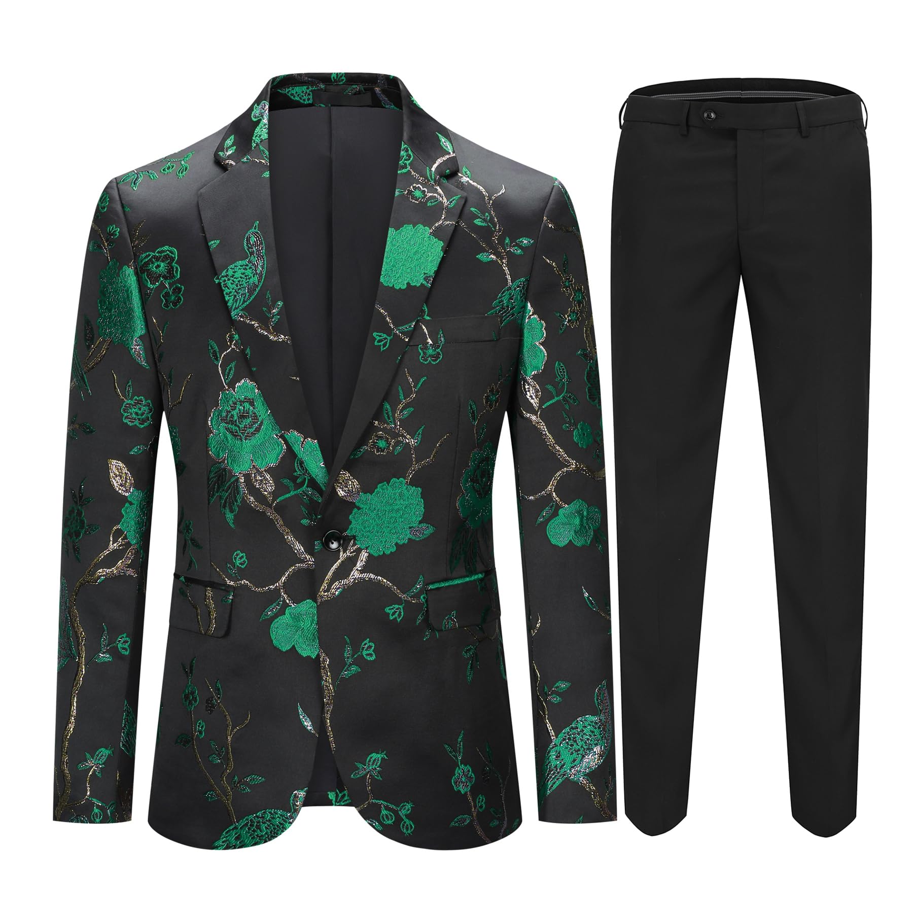 Cloudstyle Mens 2 Piece Floral Dress Suit One Button Dinner Tuxedo Jacket & Pants Green