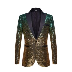 pyjtrl men fashion gradual change color sequins suit jacket (green gold,xl)