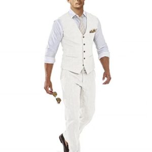 2 Piece Linen Suits for Men Slim Fit Formal Ivory Wedding Suit Groomsmen Prom Tux Suit for Summer Beach Suit Vest Pants XS