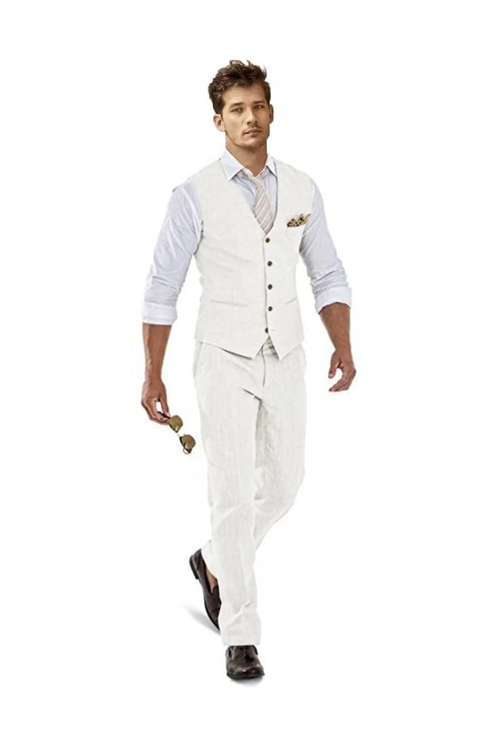 2 Piece Linen Suits for Men Slim Fit Formal Ivory Wedding Suit Groomsmen Prom Tux Suit for Summer Beach Suit Vest Pants XS