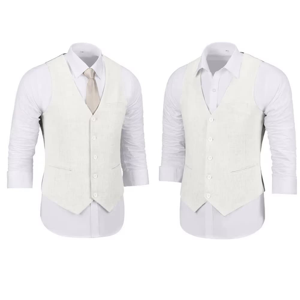 2 Piece Linen Suits for Men Slim Fit Formal Ivory Wedding Suit Groomsmen Prom Tux Suit for Summer Beach Suit Vest Pants XS