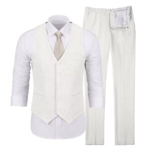 2 Piece Linen Suits for Men Slim Fit Formal Ivory Wedding Suit Groomsmen Prom Tux Suit for Summer Beach Suit Vest Pants XS