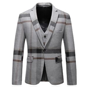 Men's Plaid Suit Slim Fit 3 Piece Casual Suits One Button Blazer Business Wedding Party Jacket Tuxedo Vest & Pants Grey