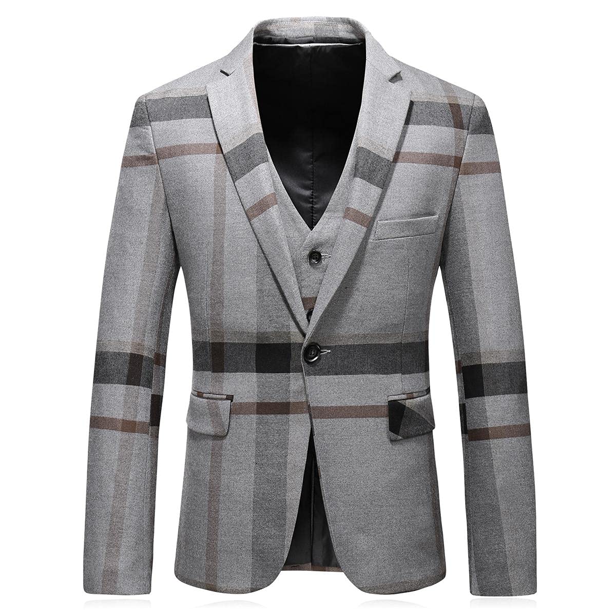 Men's Plaid Suit Slim Fit 3 Piece Casual Suits One Button Blazer Business Wedding Party Jacket Tuxedo Vest & Pants Grey