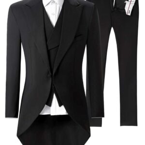 Lilis® Mens Premium Tail Tuexdo 3 Pieces Suit Tailcoat Jacket Tux Vest & Trousers Black