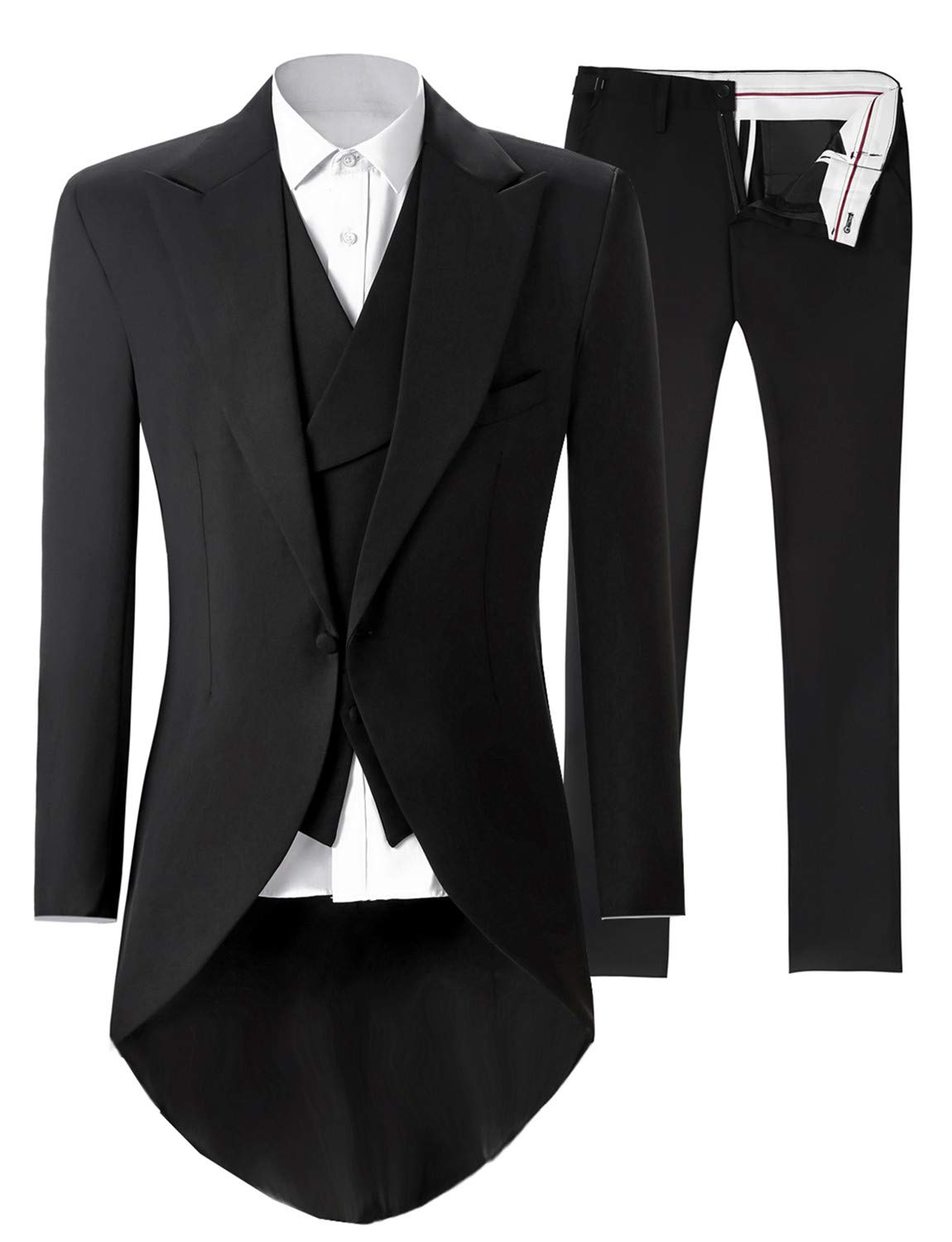 Lilis® Mens Premium Tail Tuexdo 3 Pieces Suit Tailcoat Jacket Tux Vest & Trousers Black