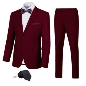 men's 2 piece slim fit suit set, burgundy jacket pants with tie, business wedding groomsmen men suits tuxedo set xs