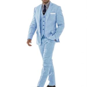 3 Piece Linen Suit for Men Slim Fit Summer Beach Lightweight Casual Suits Wedding Prom Tuxedos Blazer Vest&Pants Light Blue M