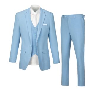 3 Piece Linen Suit for Men Slim Fit Summer Beach Lightweight Casual Suits Wedding Prom Tuxedos Blazer Vest&Pants Light Blue M