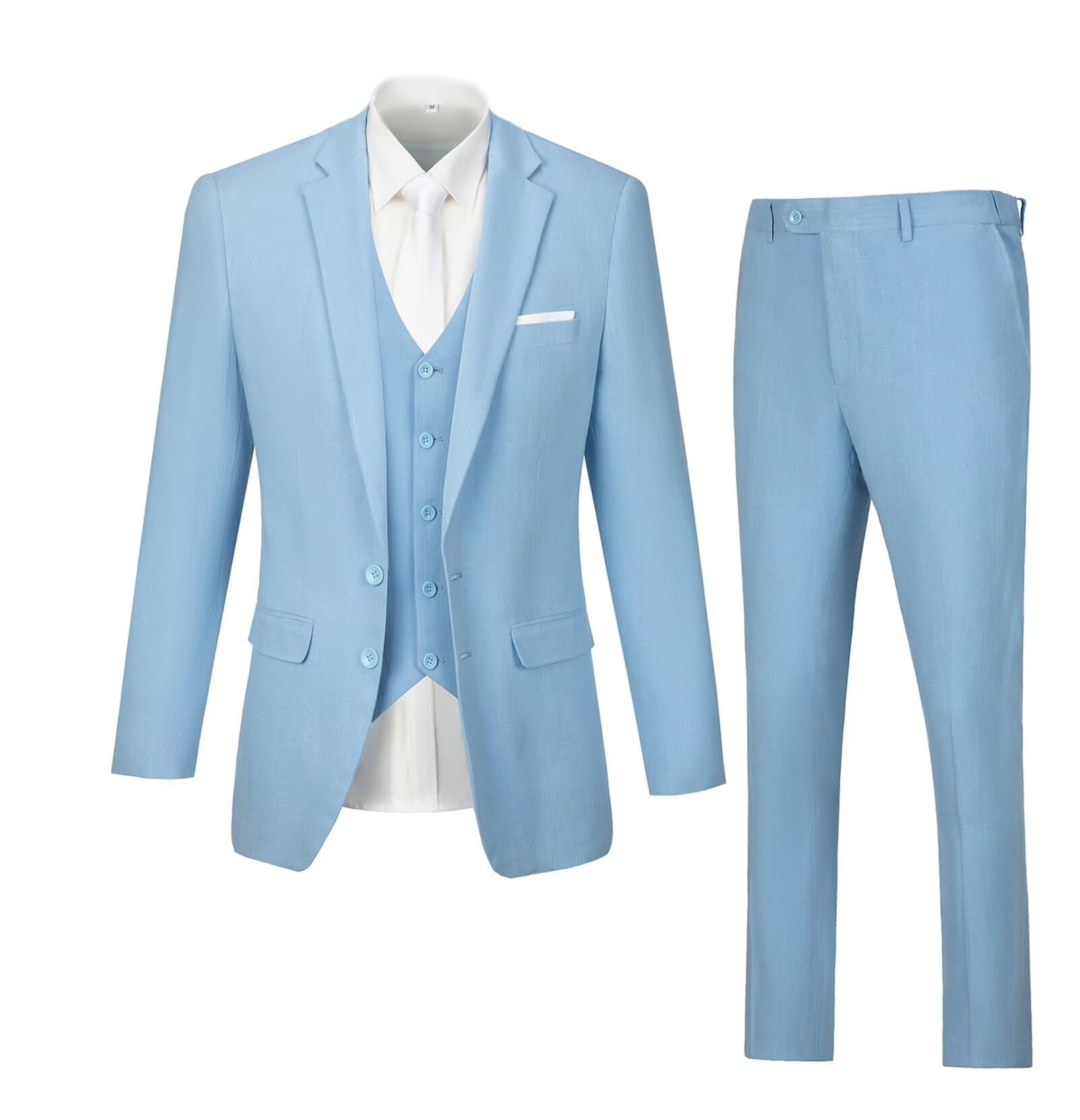 3 Piece Linen Suit for Men Slim Fit Summer Beach Lightweight Casual Suits Wedding Prom Tuxedos Blazer Vest&Pants Light Blue M