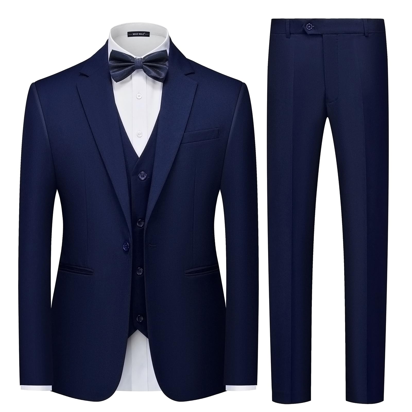 MAGE MALE Men's 3 Pieces Solid One Button Suit Elegant Slim Fit Single Breasted Party Tuxedo Blazer Vest Pants Set Navy Blue