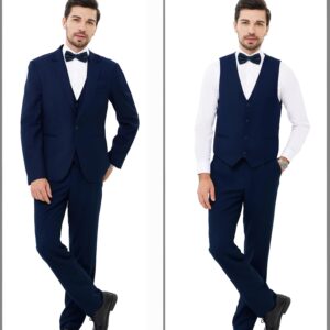 MAGE MALE Men's 3 Pieces Solid One Button Suit Elegant Slim Fit Single Breasted Party Tuxedo Blazer Vest Pants Set Navy Blue