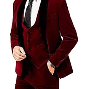 Men's Slim Fit 3 Pieces Burgundy Velvet Suits Shawl Lapel Wedding Suits Groom Tuxedos Winter Suits Burgundy 40 Chest / 34 Waist