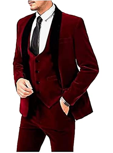 Men's Slim Fit 3 Pieces Burgundy Velvet Suits Shawl Lapel Wedding Suits Groom Tuxedos Winter Suits Burgundy 40 Chest / 34 Waist