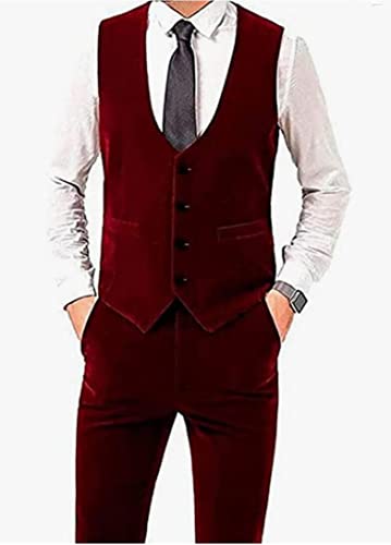 Men's Slim Fit 3 Pieces Burgundy Velvet Suits Shawl Lapel Wedding Suits Groom Tuxedos Winter Suits Burgundy 40 Chest / 34 Waist