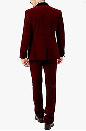 Men's Slim Fit 3 Pieces Burgundy Velvet Suits Shawl Lapel Wedding Suits Groom Tuxedos Winter Suits Burgundy 40 Chest / 34 Waist