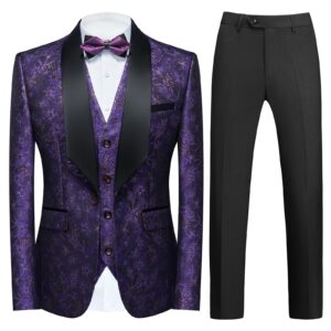 tuxedo suits for men 3 piece regular fit men's suit set floral pattern blazer jacket waistcoat pants purple l